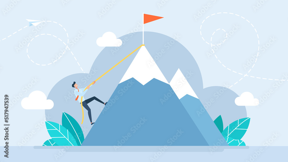 Businessman climbs to the top of the mountain. Metaphor of success ...