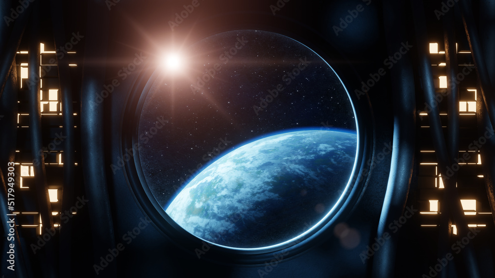 View of an Earth-like planet from a round window of a spaceship with ...