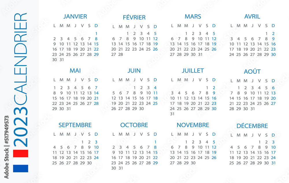 Calendar 2023 year Horizontal - vector template illustration. French ...