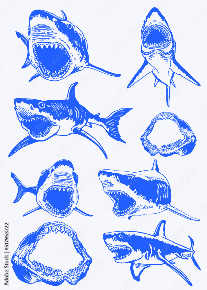 Graphical big set of blue sharks and jaws isolated on white background ...