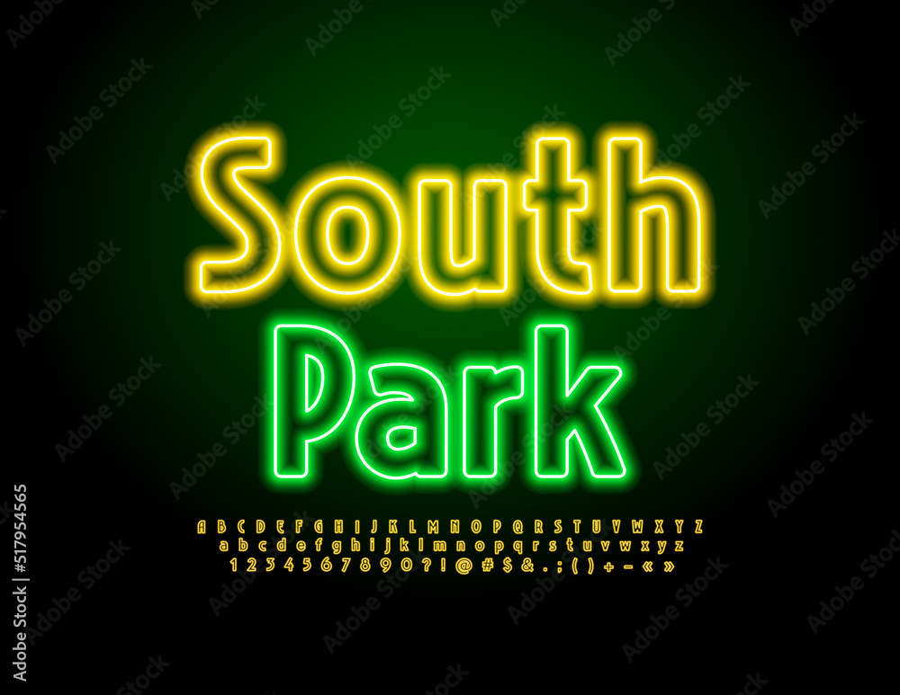 Vector electric sign South Park. Yellow Neon Font. Bright glowing ...