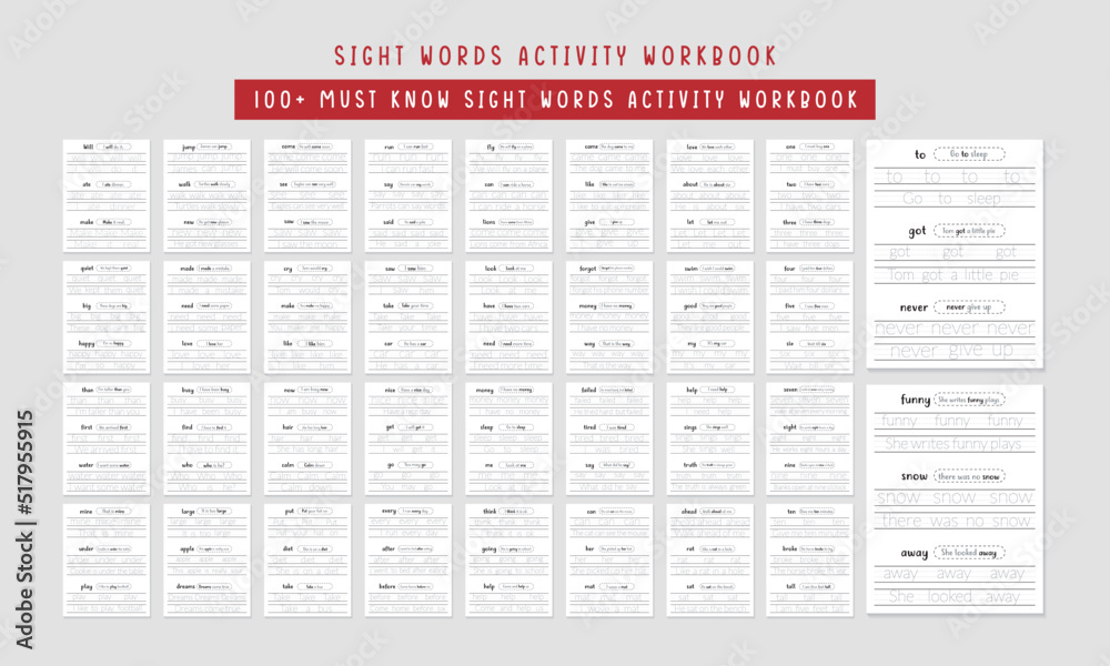 100+ Must Know Sight Words Activity Workbook Stock Vector | Adobe Stock