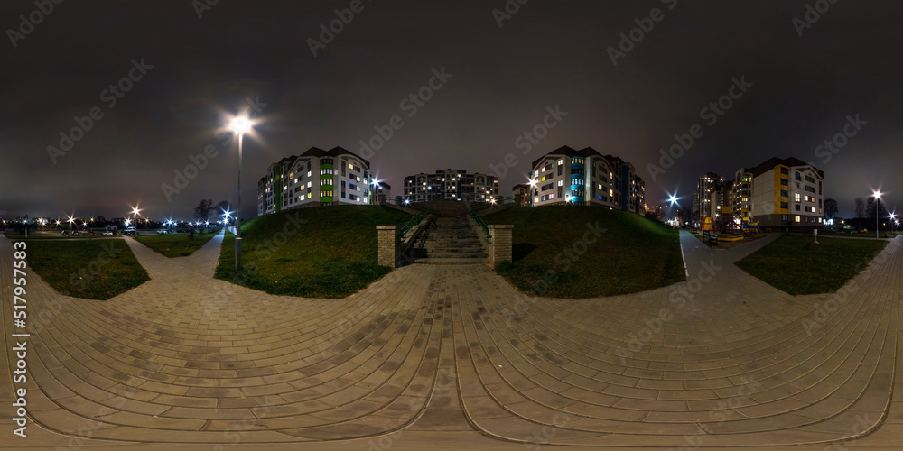 night 360 hdri panorama near concrete stairs in middle of modern multi ...