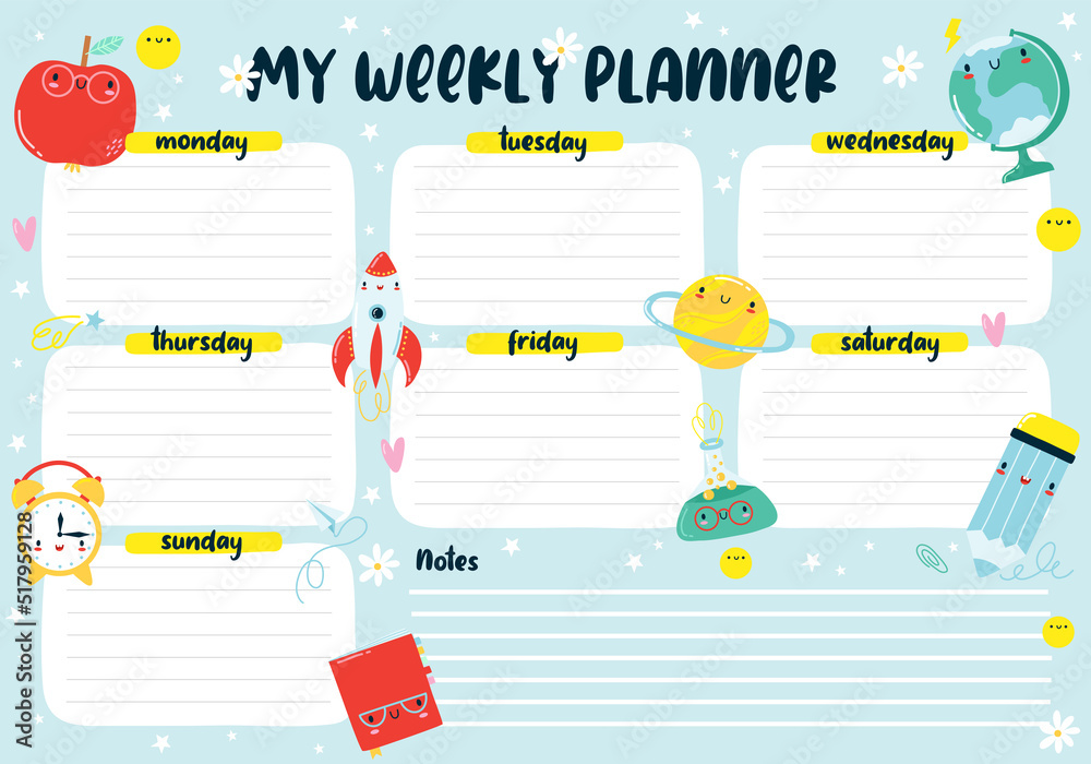 Back to school cute kawaii weekly or daily planner, note paper, to do ...
