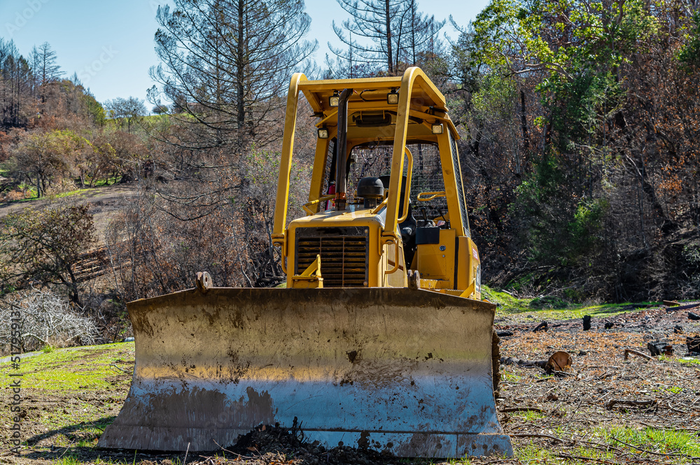 Front view of a yellow bulldozer on a plot of land. A bulldozer clears ...