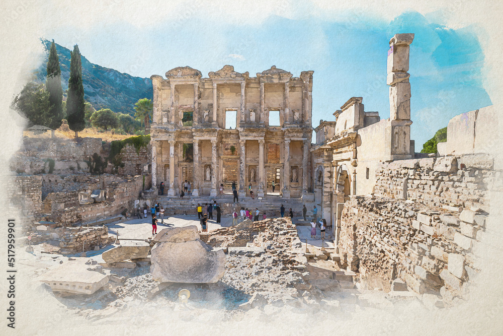 Ephesus digital watercolor illustration. Digital painting of Ephesus ...