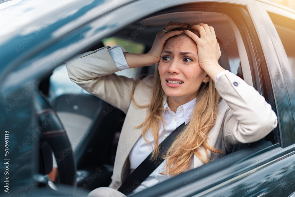 Woman driver scared shocked before crash or accident hands out of wheel ...