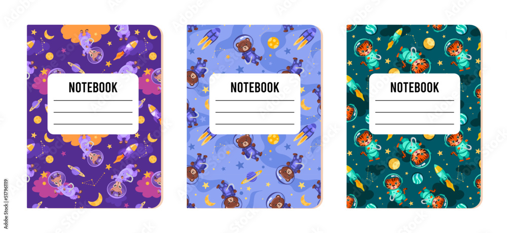 Notebook Cover templates with astronaut animals patterns with stars ...