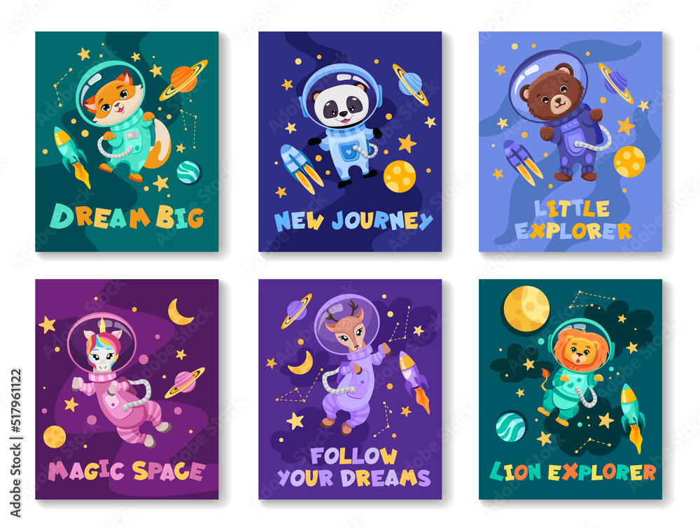 Set of cards with different sign slogans and cute animals astronauts in ...
