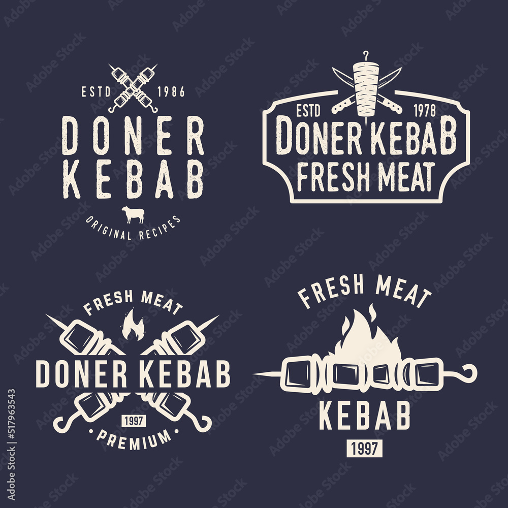 Doner Kebab vintage logo set. Kebab, Shawarma logo with skewer and fire ...