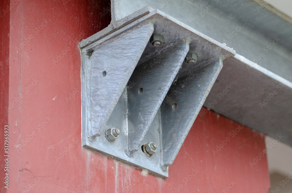 steel support structure, detail with steel beams joined by bolts to ...