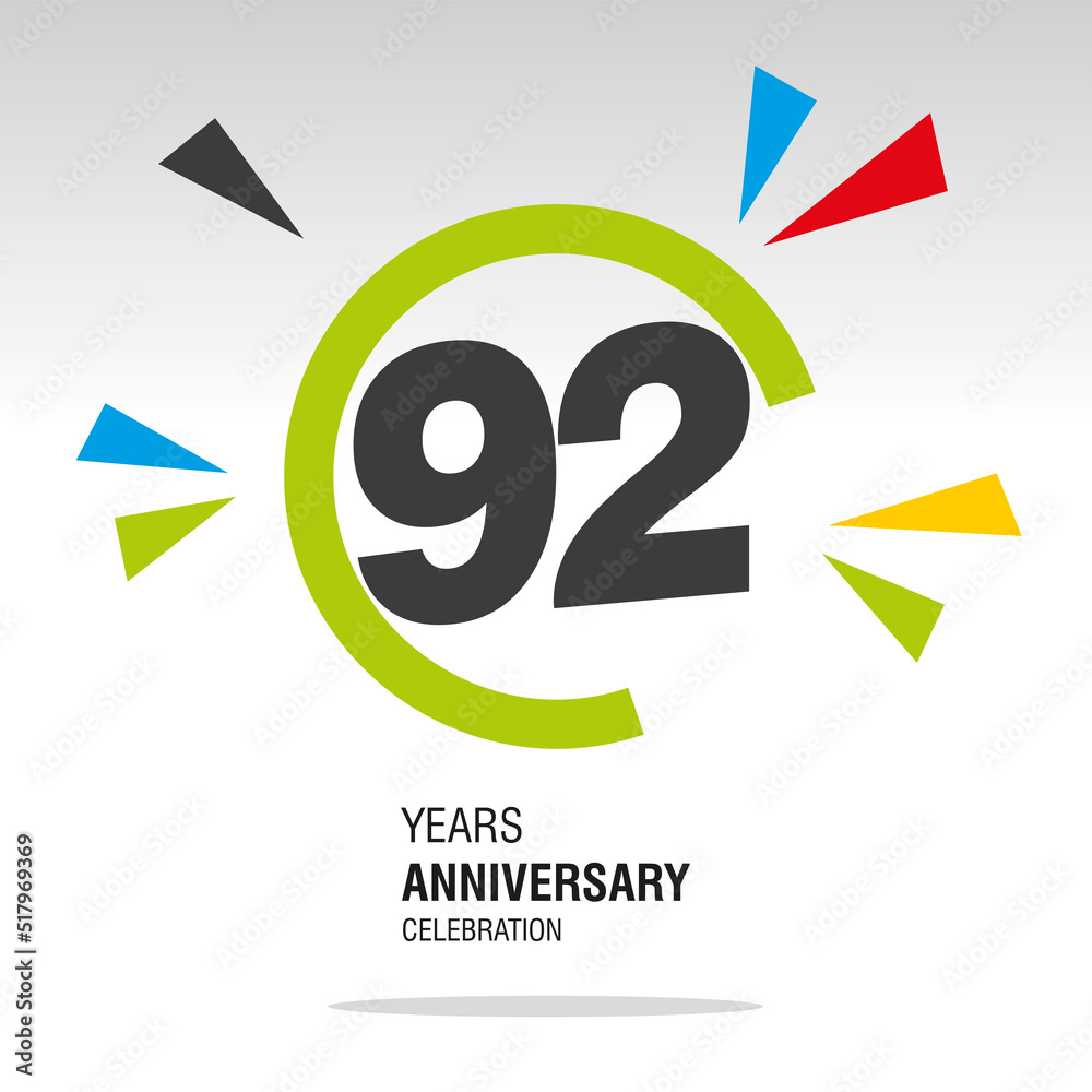 92 Years Anniversary, number in broken circle with colorful bang of ...