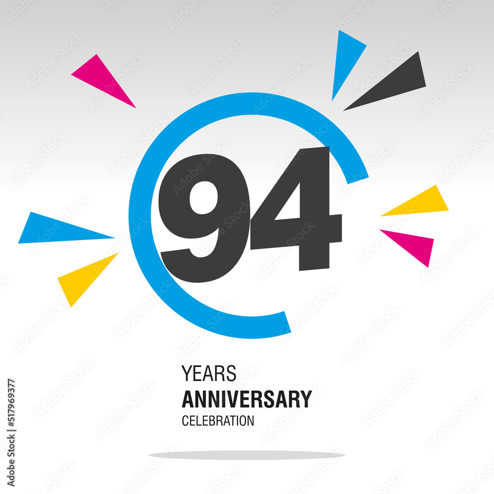 94 Years Anniversary, number in broken circle with colorful bang of ...