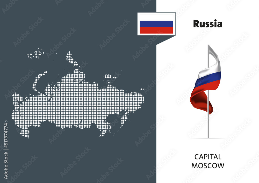 Flag of Russia on white background. Dotted map of Russia with Capital ...