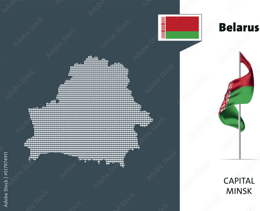 Flag of Belarus on white background. Dotted map of Belarus with Capital ...