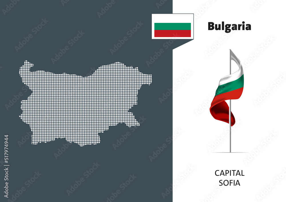 Flag of Bulgaria on white background. Dotted map of Bulgaria with ...