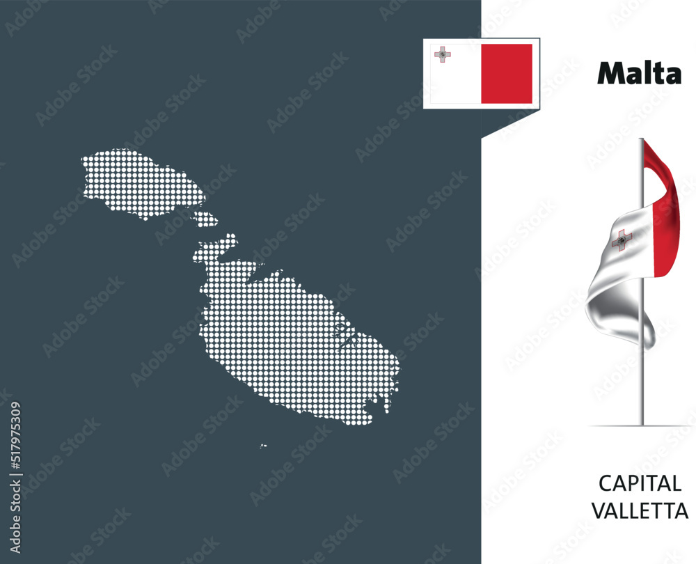 Flag of Malta on white background. Dotted map of Malta with Capital ...
