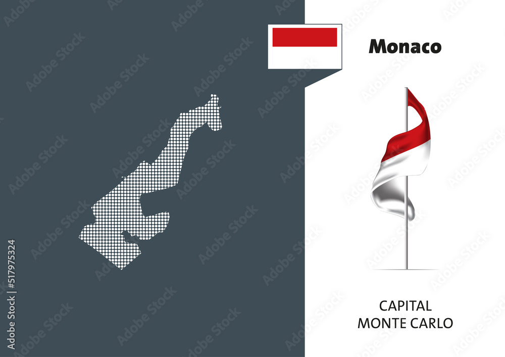 Flag of Monaco on white background. Dotted map of Monaco with Capital ...