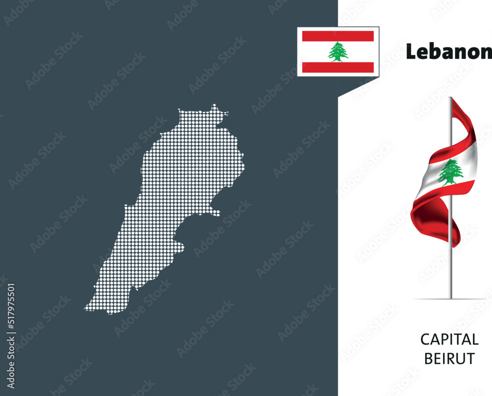 Flag of Lebanon on white background. Dotted map of Lebanon with Capital ...
