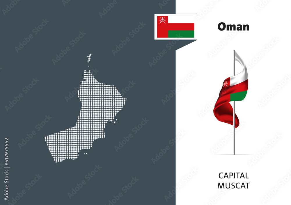 Flag of Oman on white background. Dotted map of Oman with Capital name ...