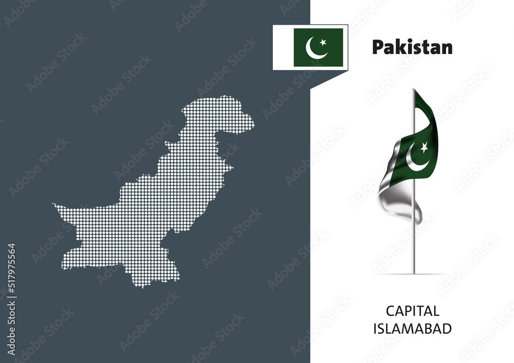 Flag of Pakistan on white background. Dotted map of Pakistan with ...