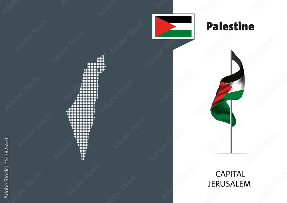 Flag of Palestine on white background. Dotted map of Palestine with ...