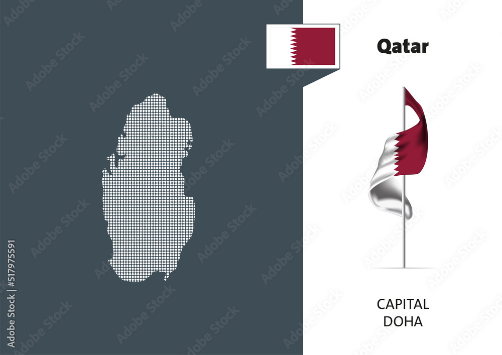 Flag of Qatar on white background. Dotted map of Qatar with Capital ...