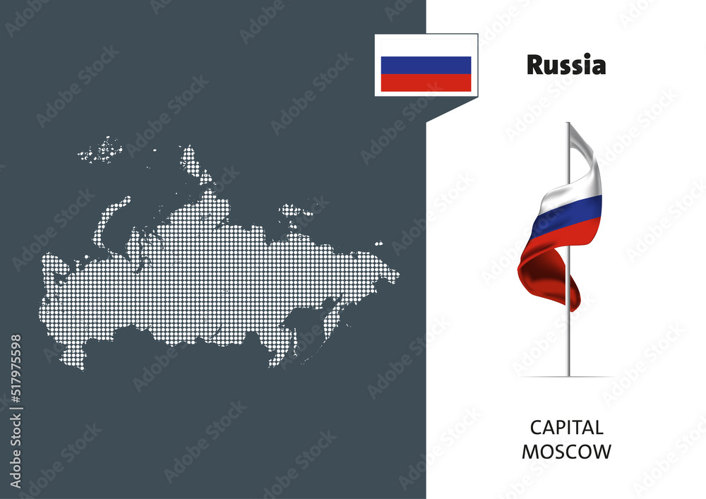 Flag of Russia on white background. Dotted map of Russia with Capital ...