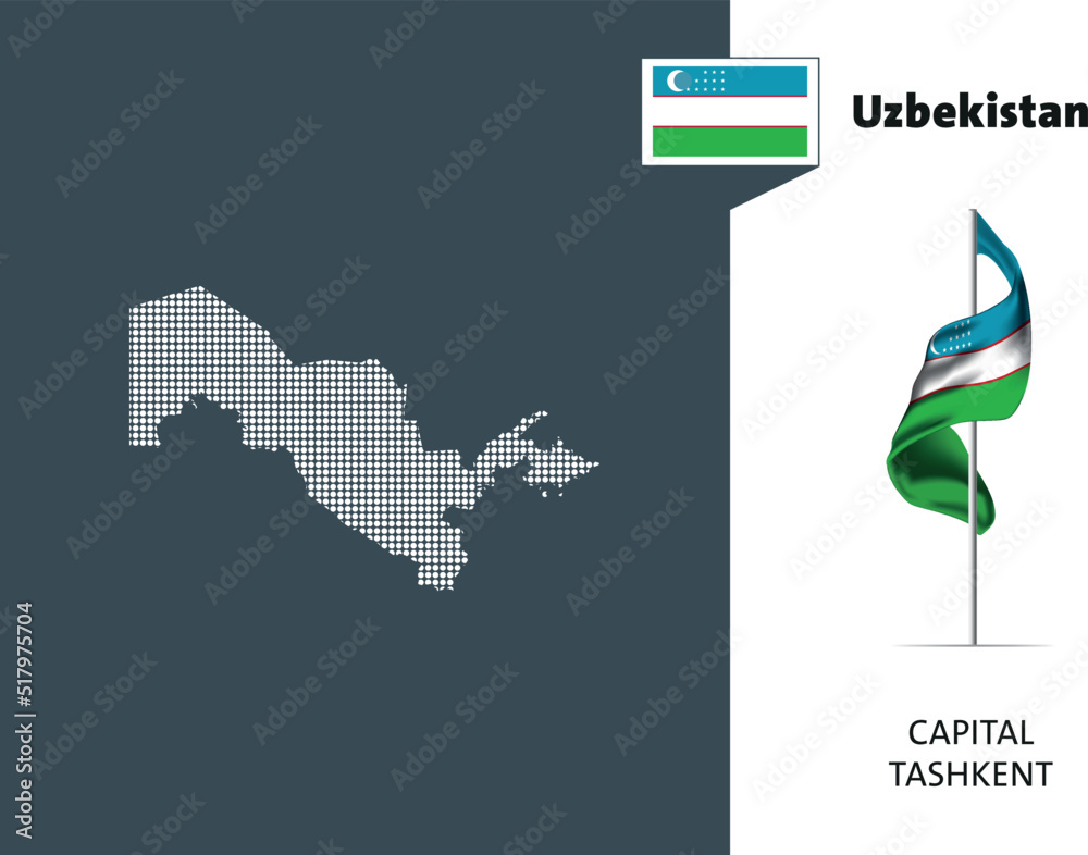 Flag of Uzbekistan on white background. Dotted map of Uzbekistan with ...