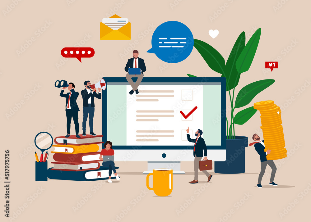 Survey of customer satisfaction. Screen with ticks and crosses. Small ...