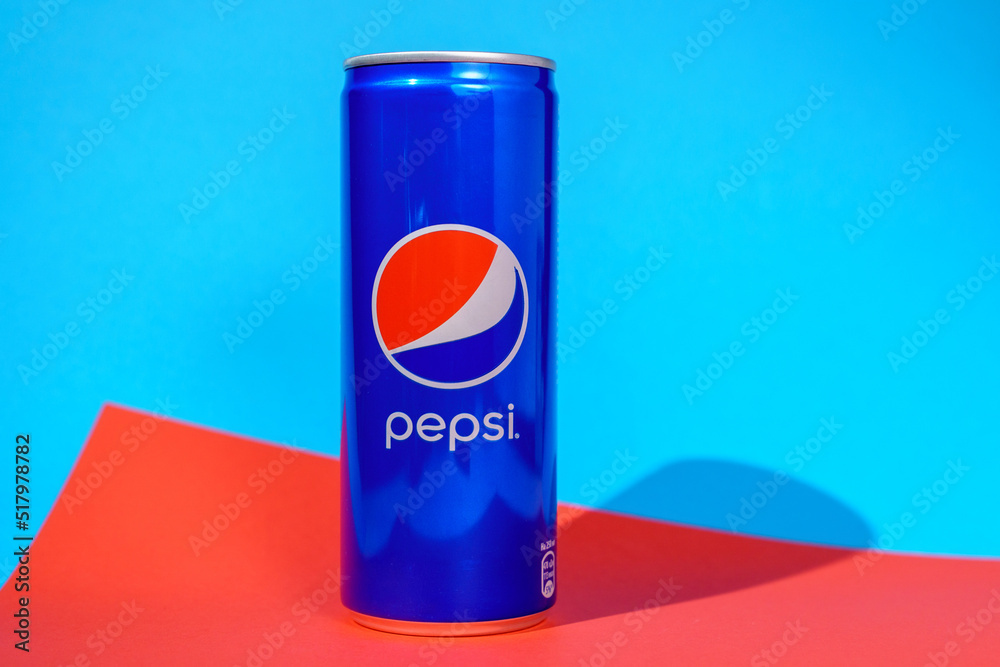 Tyumen, Russia-June 30, 2022: Pepsi metal can on red blue background ...