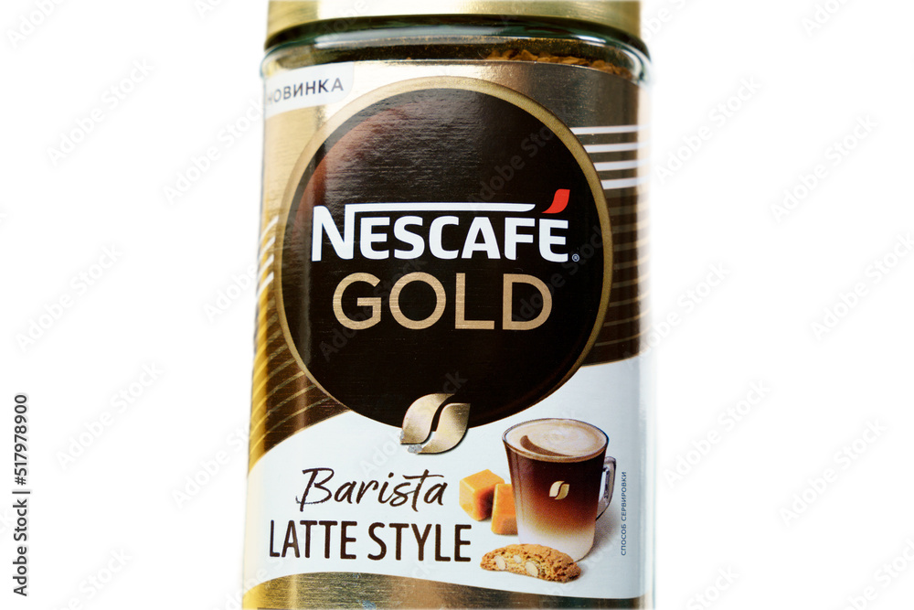 Tyumen, Russia-June 30, 2022: Nescafe Gold roasted coffee barista Latte ...