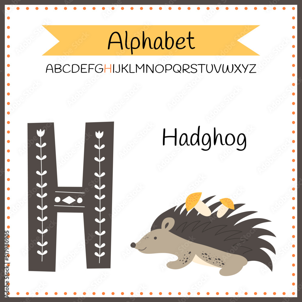 Cute children animal alphabet H letter flashcard of Hedgehog for kids ...