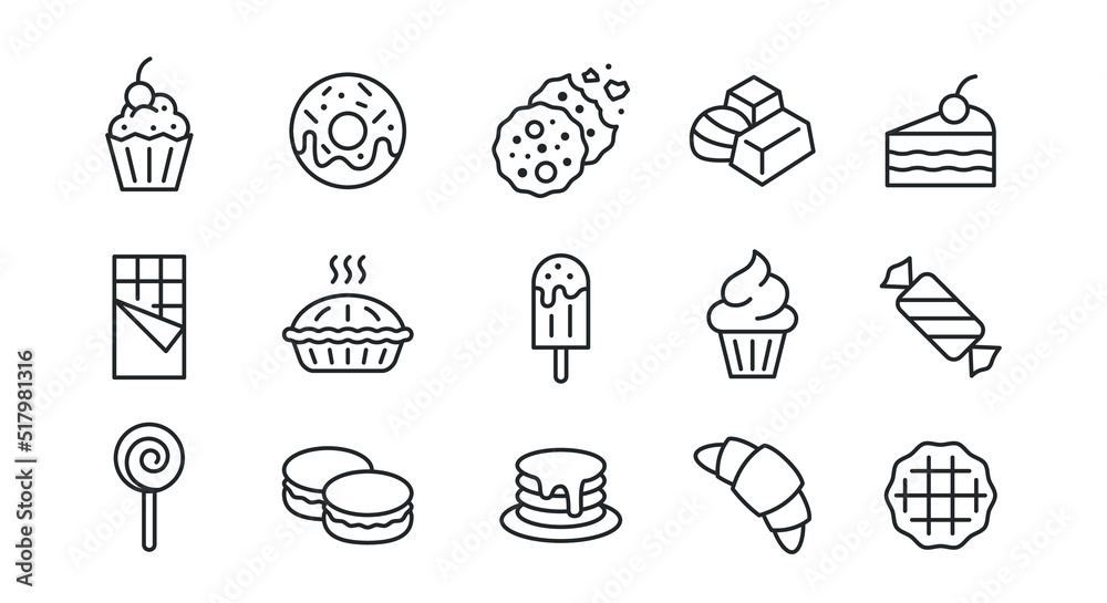 Sweets icons. Set of 15 sweets trendy minimal icons. Ice cream, candies ...