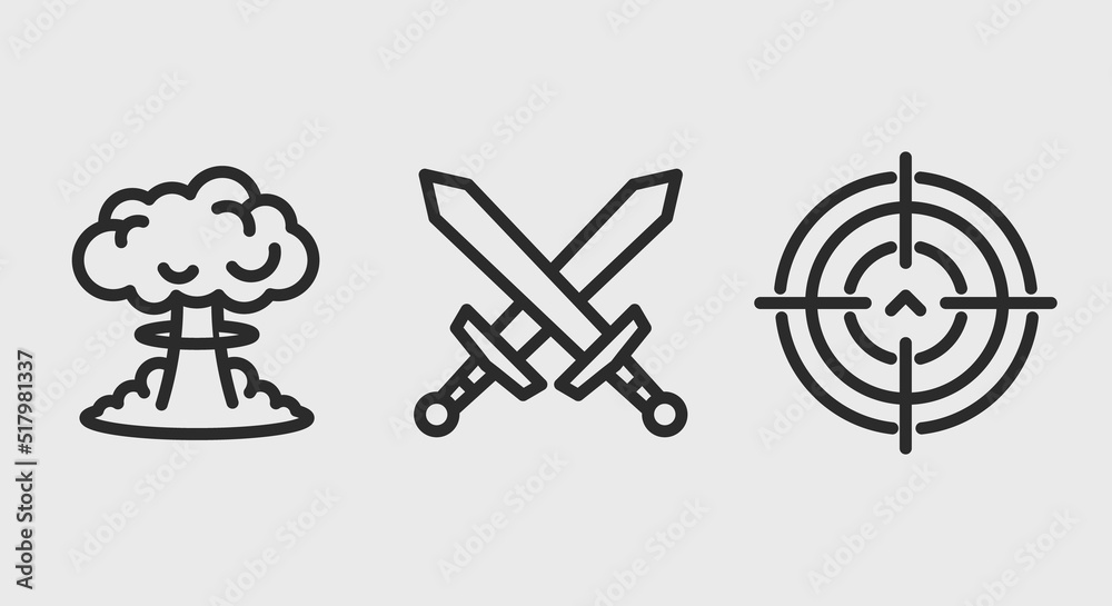 War icons. Nuke explosion, crossed swords, snipers aim icons isolated ...