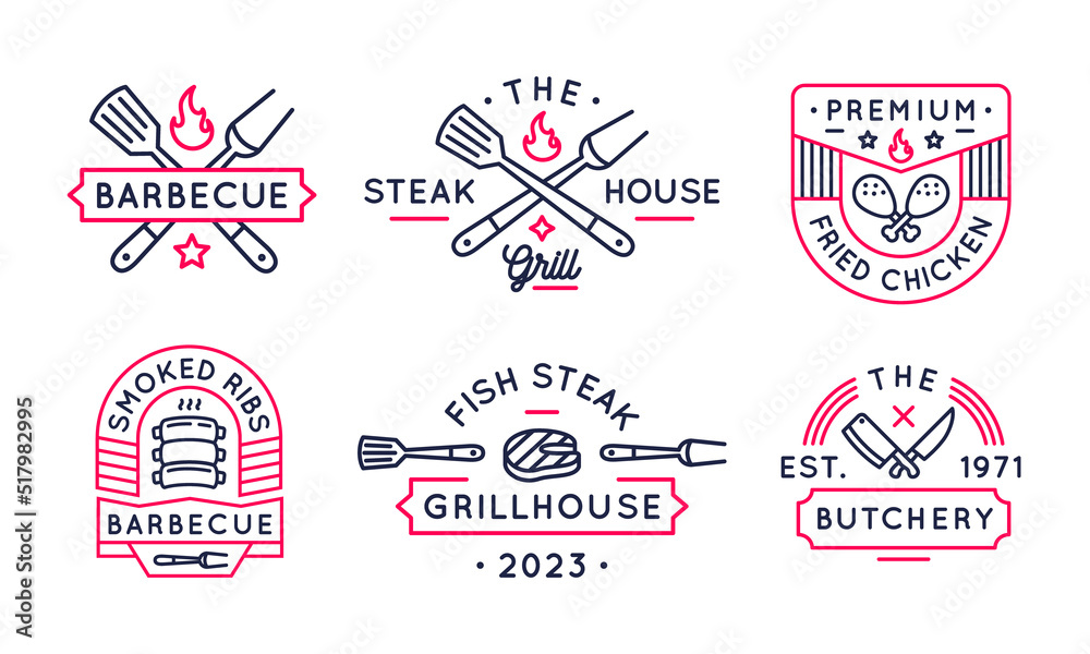 Set of BBQ logos. 6 trendy logos for grill and steak houses ...