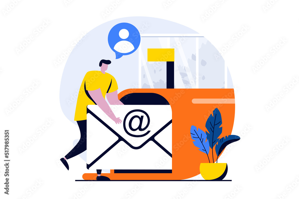 Email service concept with people scene in flat cartoon design. Man ...