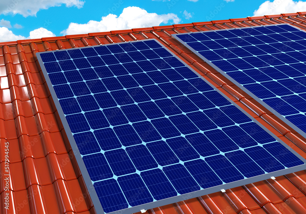 Roof of building with solar panels. Solar accumulators on roof tiles ...