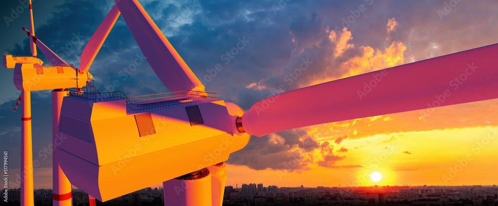 Wind farm. Windmill fragment at sunset. Three wind turbine electricity ...