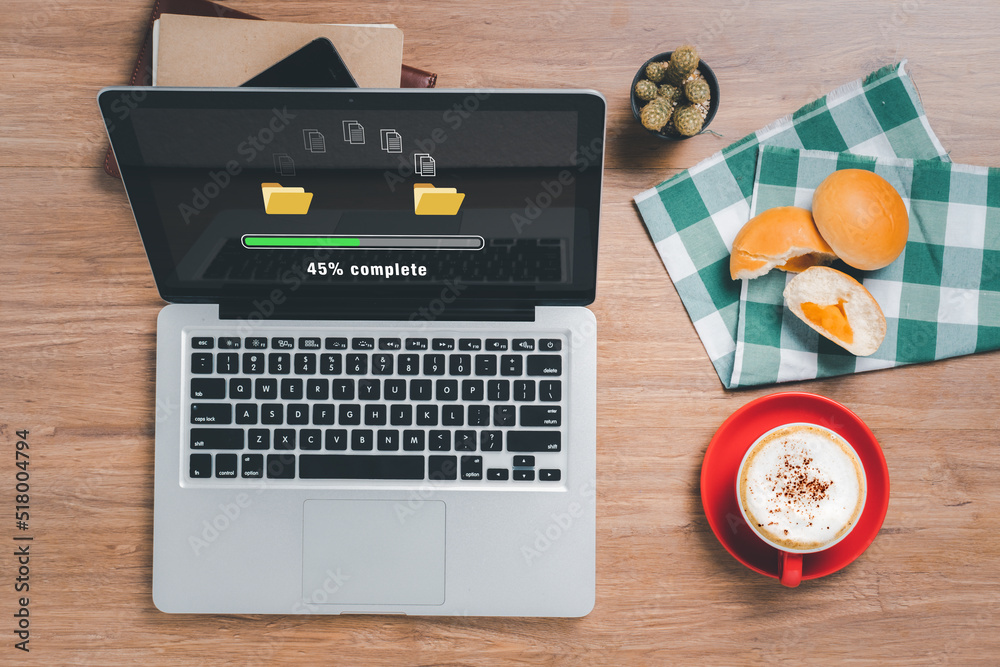 Transfer files data system relocation concept, Top view laptop computer ...