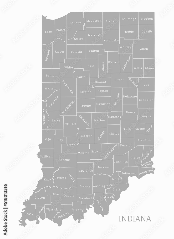 Highly detailed gray map of Indiana, US state. Editable administrative ...