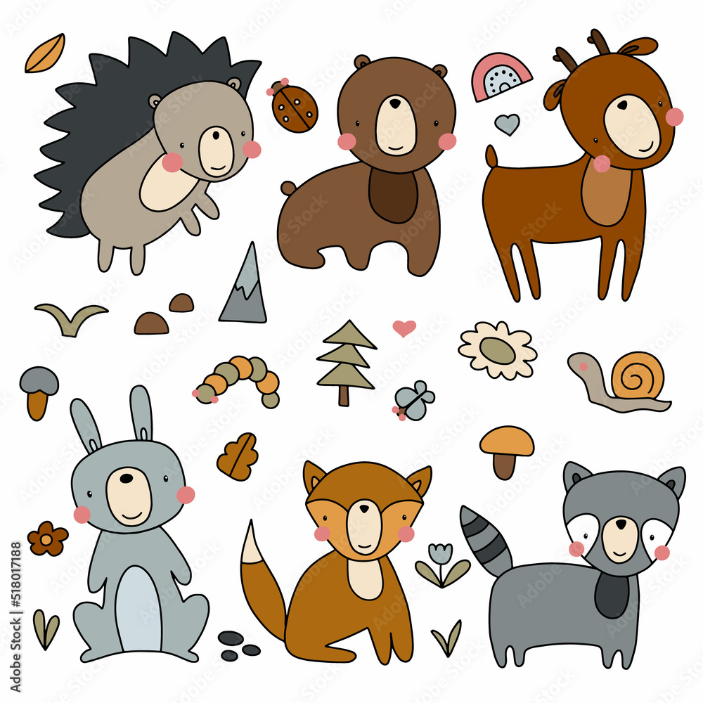 Set of cute forest characters: bear, fox, raccoon, hare, deer. Colorful ...