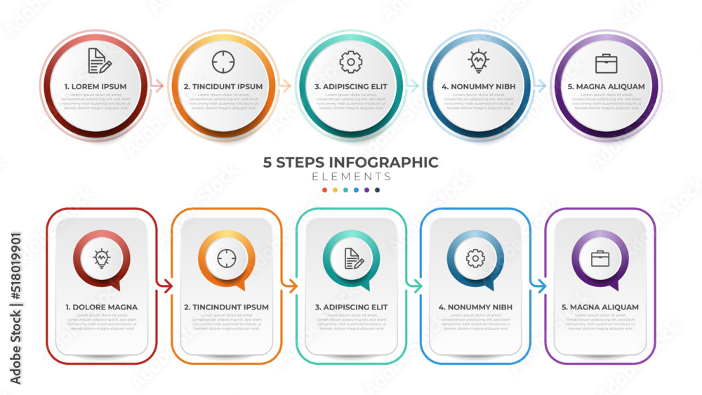 5 list of steps, horizontal sequence with icon and number, infographic element template layout ...