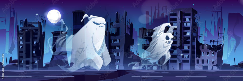 Spooky ghosts in destroyed abandoned city at night. Cartoon Halloween ...