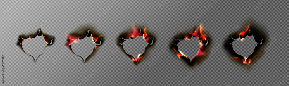 Burn paper holes and borders, burnt page with smoldering fire on ...