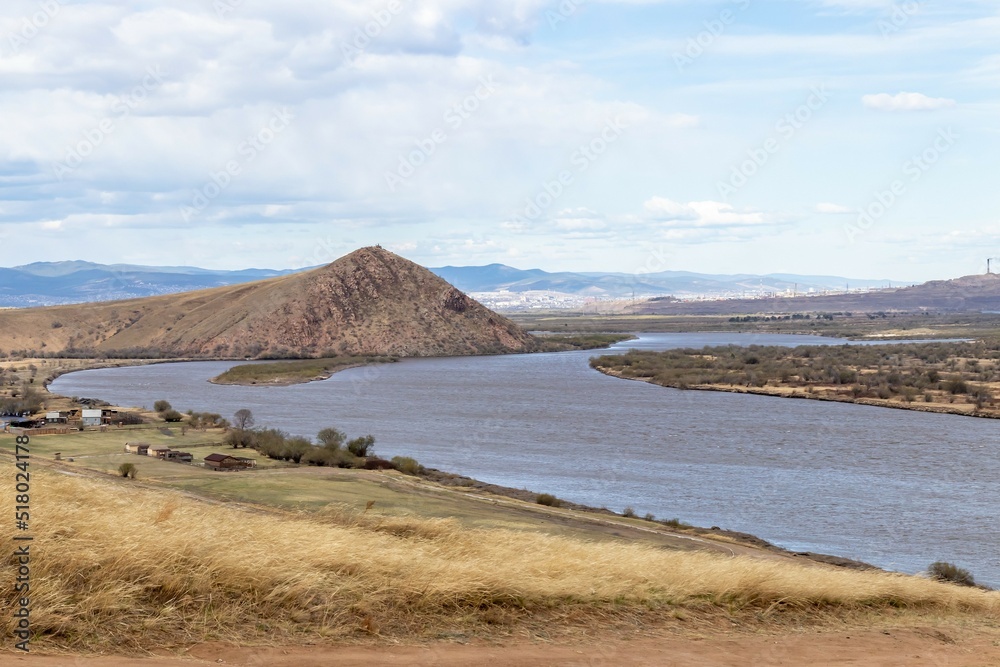 Landscape of the Selenga riverbed among the Buryat mountains and ...