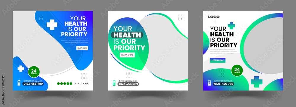 Medical Healthcare Post Layout Set Social Media Template Stock Vector ...