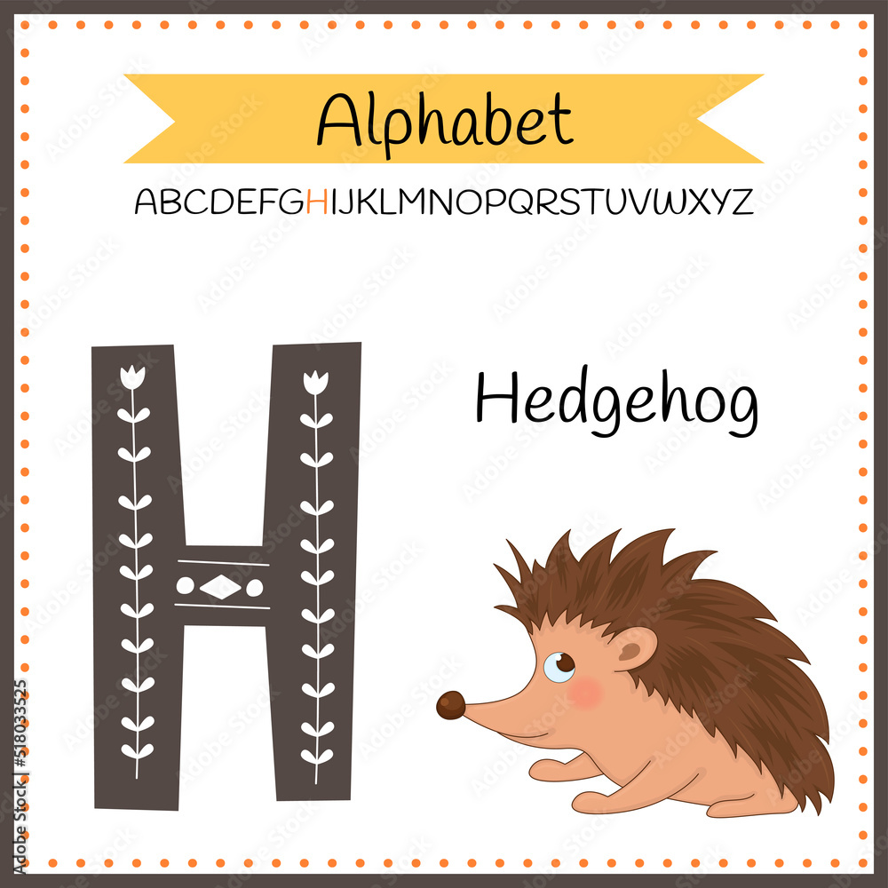 Cute children animal alphabet H letter flashcard of Hedgehog for kids ...