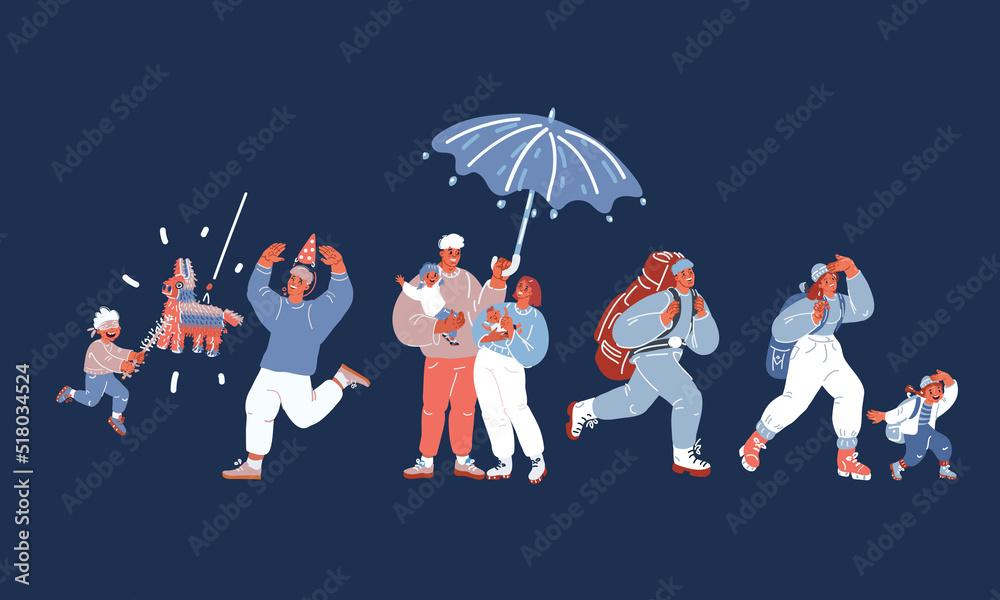 Cartoon vector illustration of Happy young families. Family goes ...