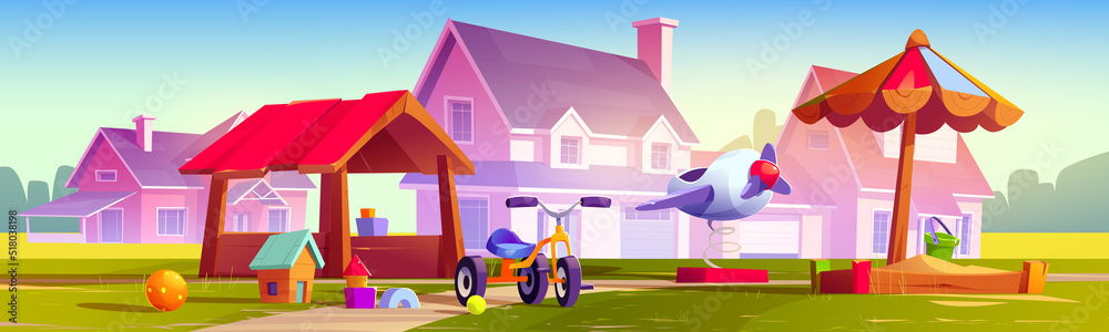 Kids playground at suburb with cottages, children area with sandbox ...